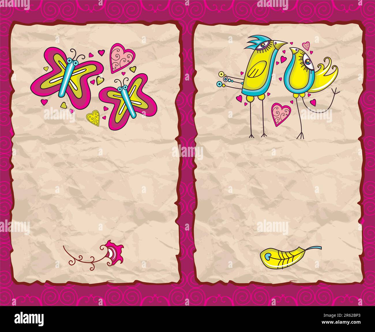 Valentine's Day vintage paper backgrounds, with cute drawings: birds ...