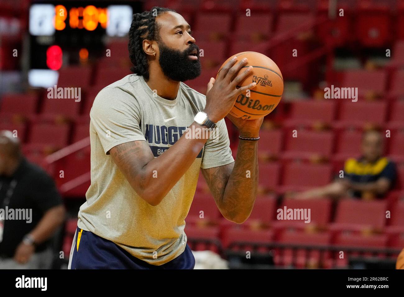 Denver Nuggets center DeAndre Jordan aims for a basket during NBA basketball practice at the ...