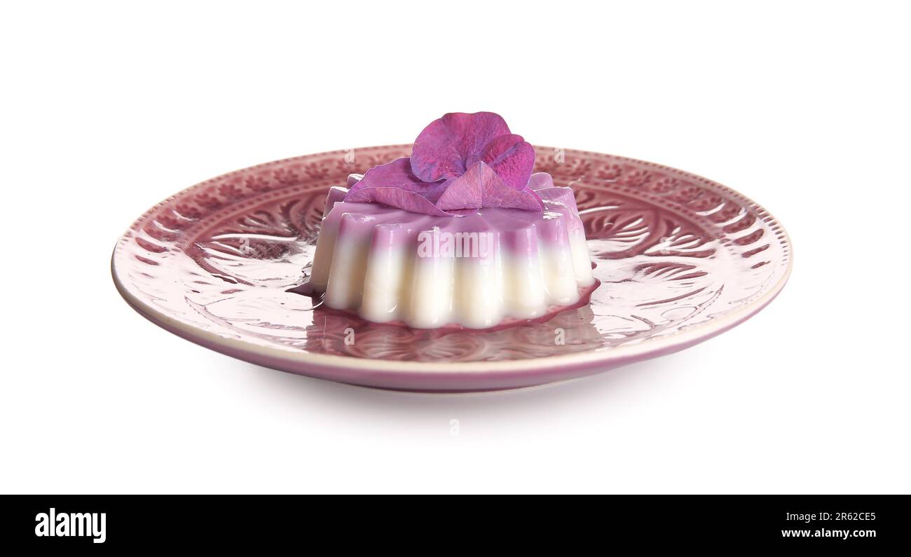 Plate of panna cotta with beautiful hydrangea flower on white ...
