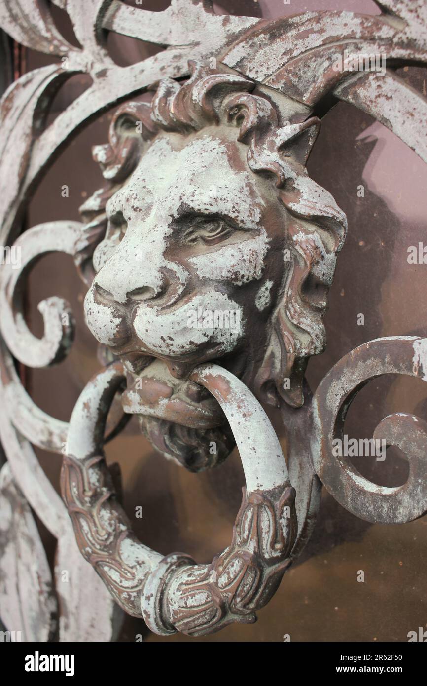 Fancy lion's head door pull with a circular handle Stock Photo - Alamy