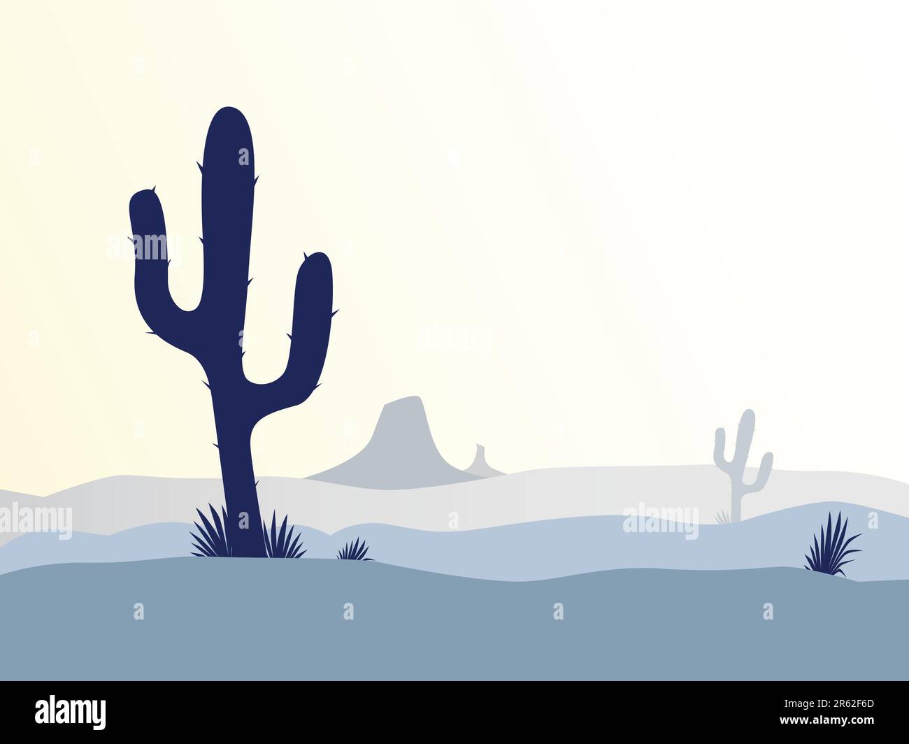 Scene with desert cactus plant, weeds and mountains. Sunset in desert ...