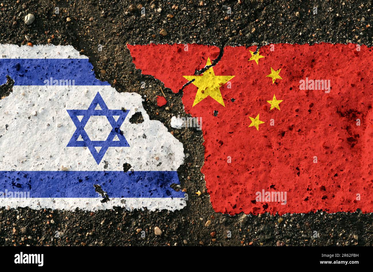 On the pavement are images of the flags of Israel and China, as a ...