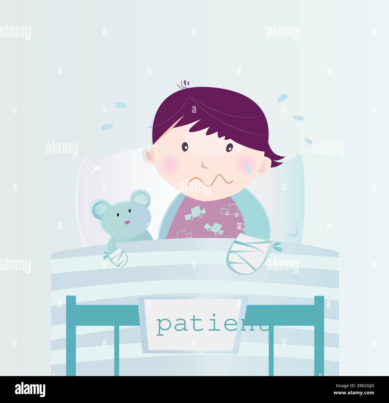 Cute small child lying in the hospital bed with illness. Vector cartoon ...