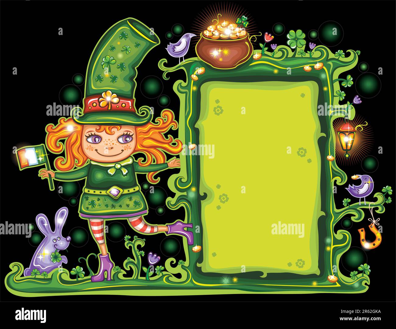 St. Patrick's Day frame with cute Leprechaun,girl holding Irish flag ...