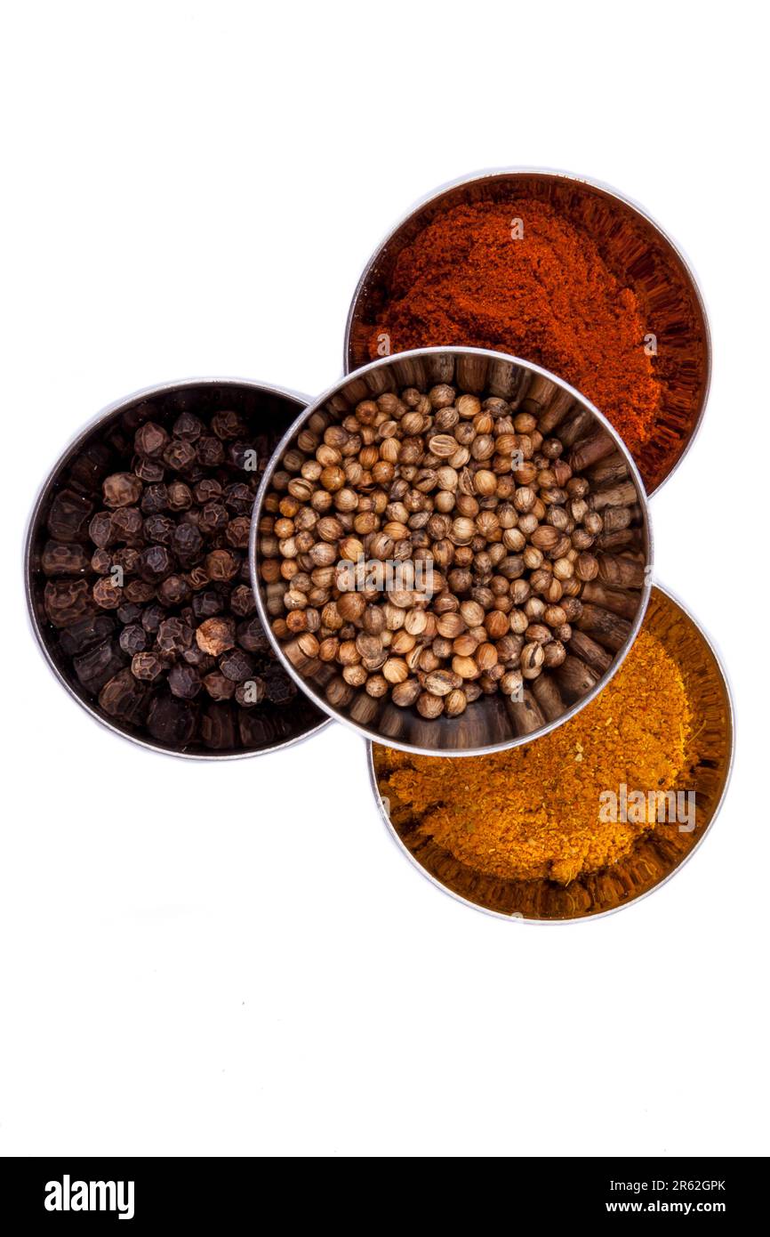 Curry, pepper, paprika and coriander on white background Stock Photo ...