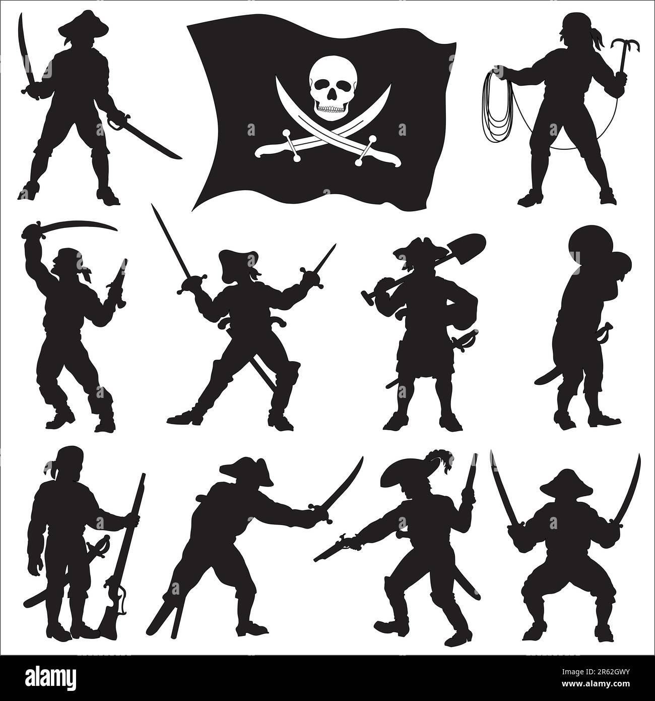 Silhouettes of pirates of members crew with jolly roger flag Stock ...