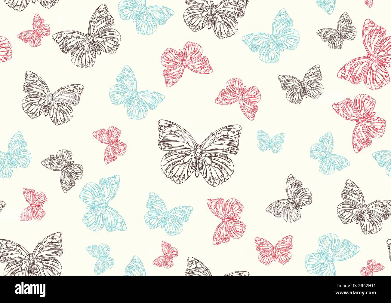Vector illustration of many funky hand-drawn butterflies of different ...