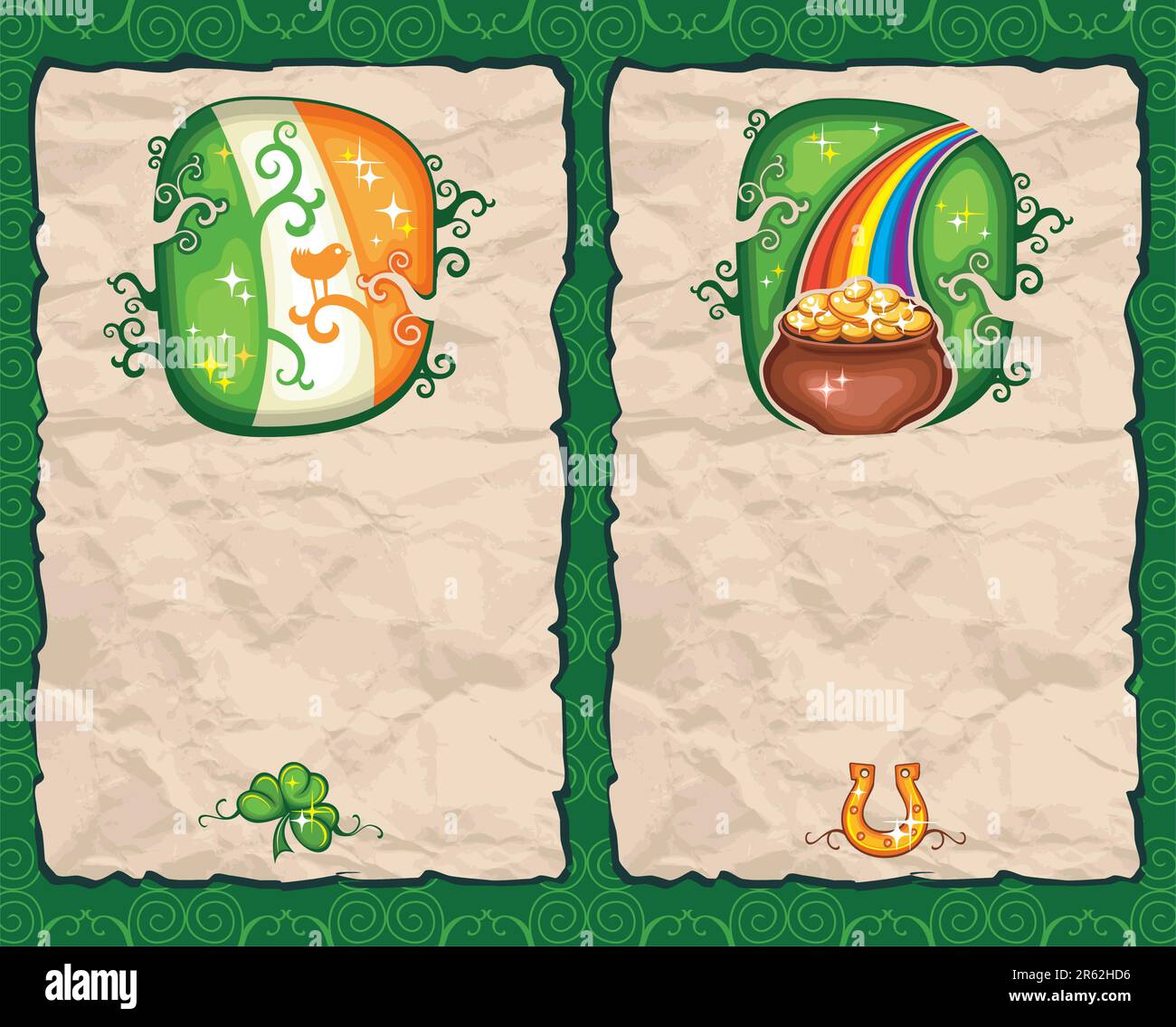 Paper backgrounds with shamrock, Irish flag and pot of gold. With space ...