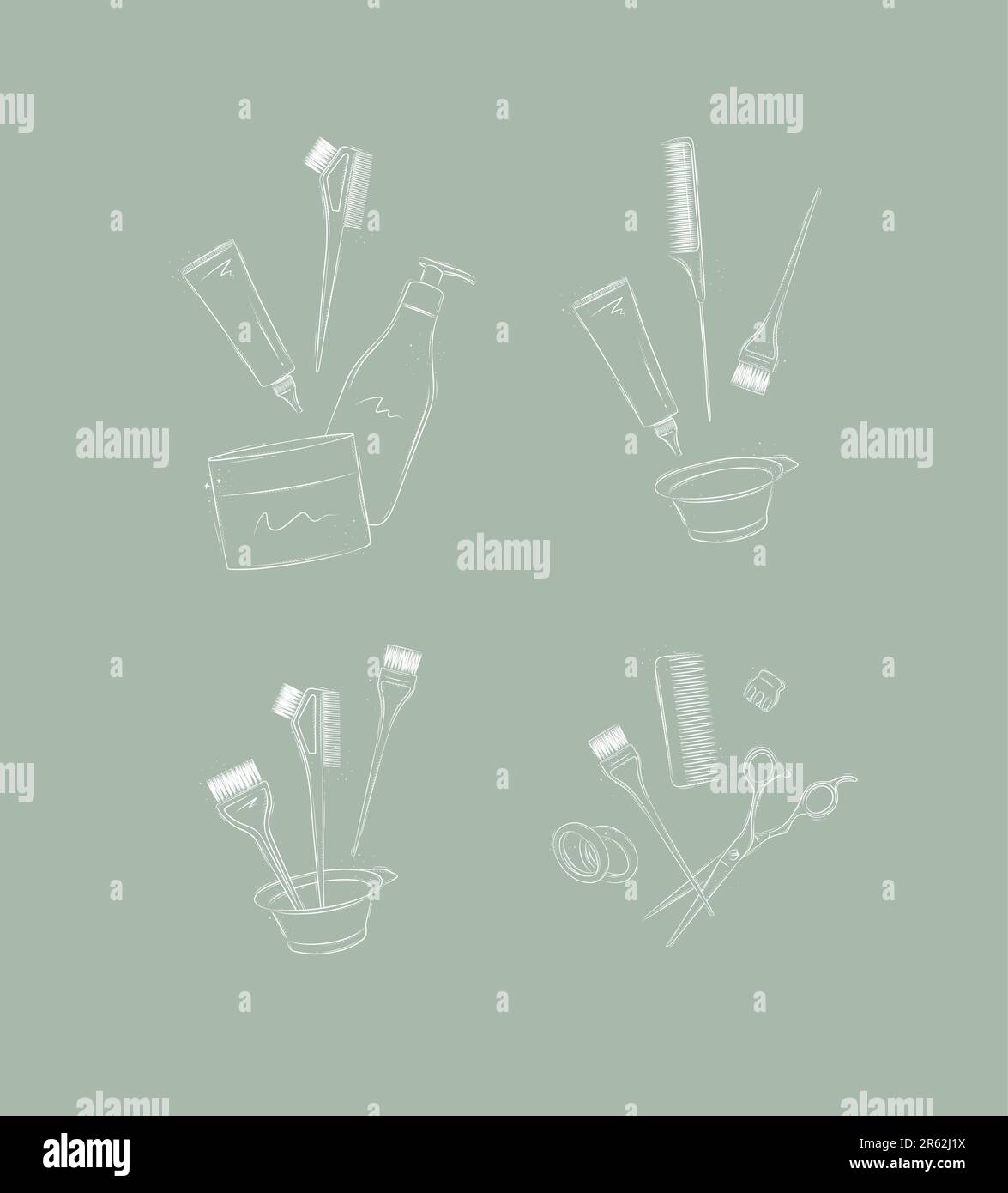 Hair dye tools and accessories compositions drawing on green background ...