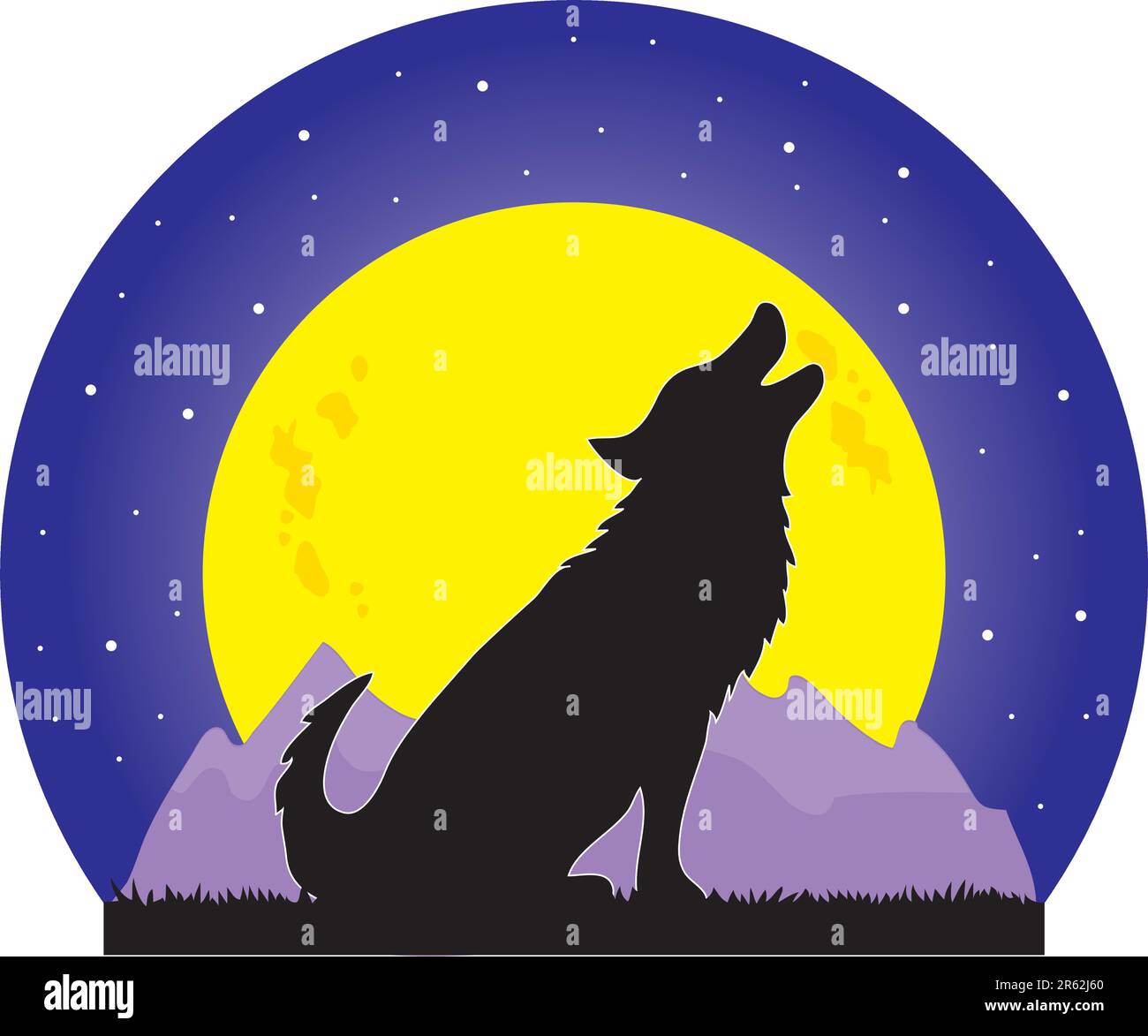 A silhouette of a wolf howling at a large yellow moon on a starry night ...