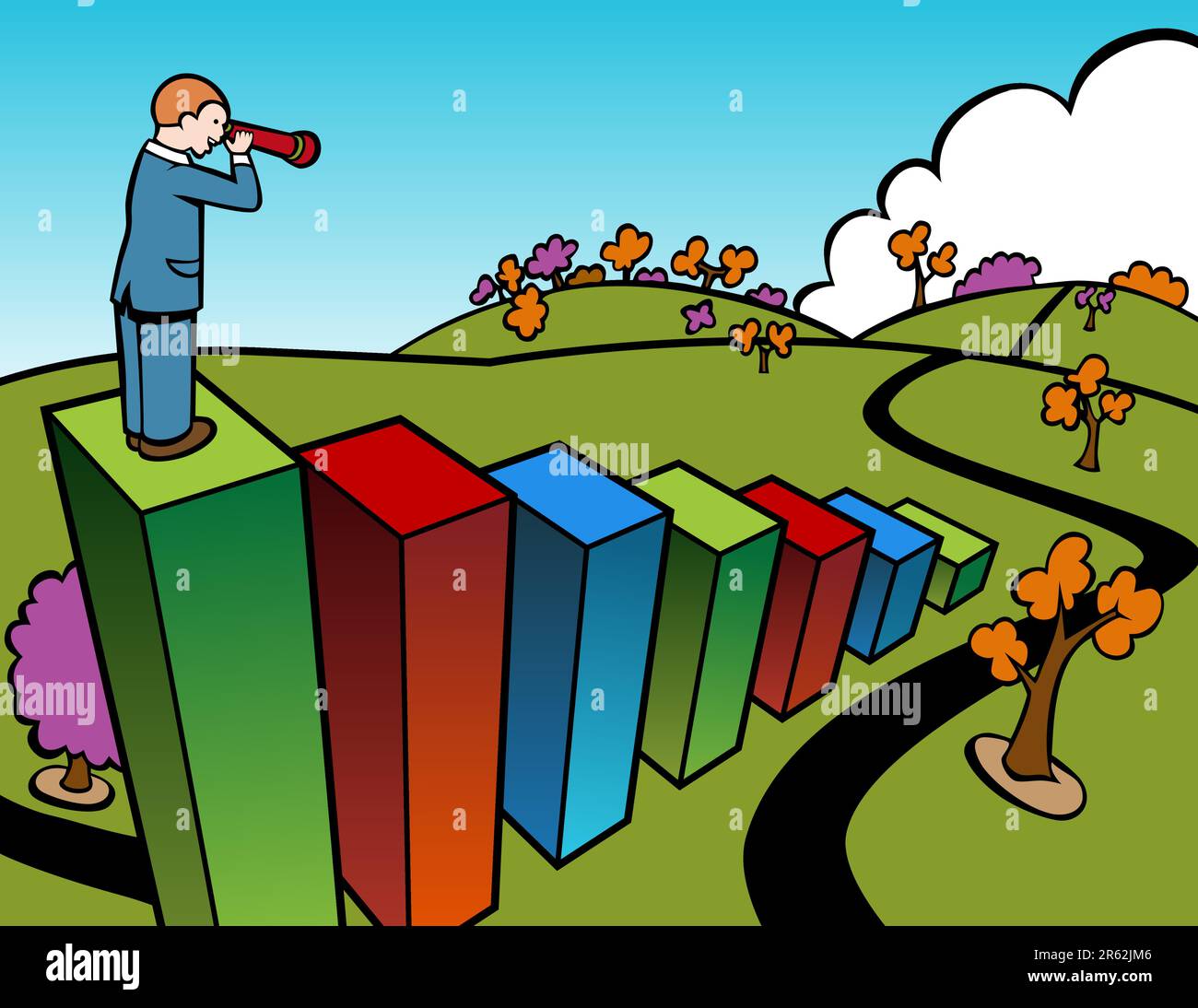 Cartoon of a businessman using a telescope from the top of a bar chart ...