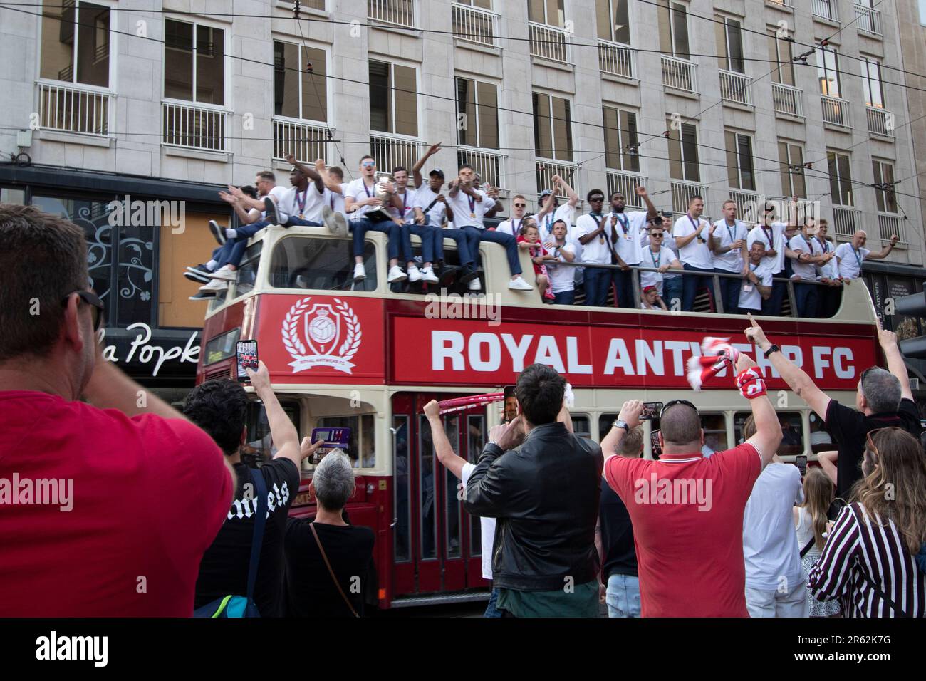 Royal Antwerp FC football team's victory bus tour around the city with ...