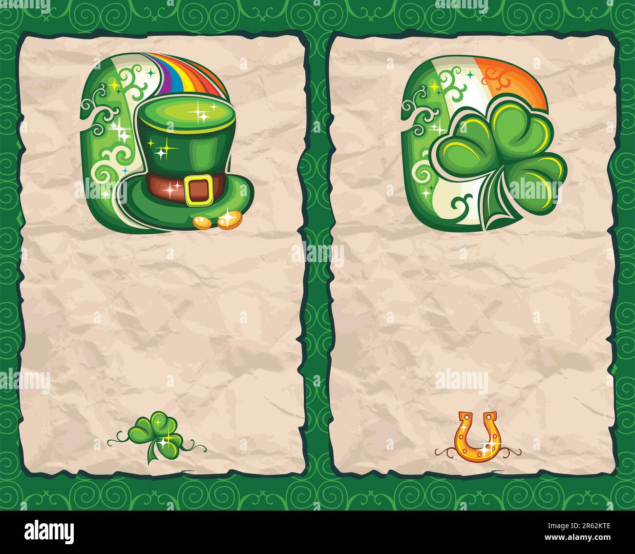 Paper backgrounds with shamrock, top hat and Irish flag. With space for ...