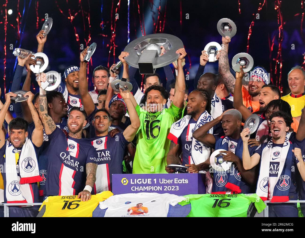 PSG players lift the Ligue 1 winning trophy 2022/23 during post match celebrations after the ...
