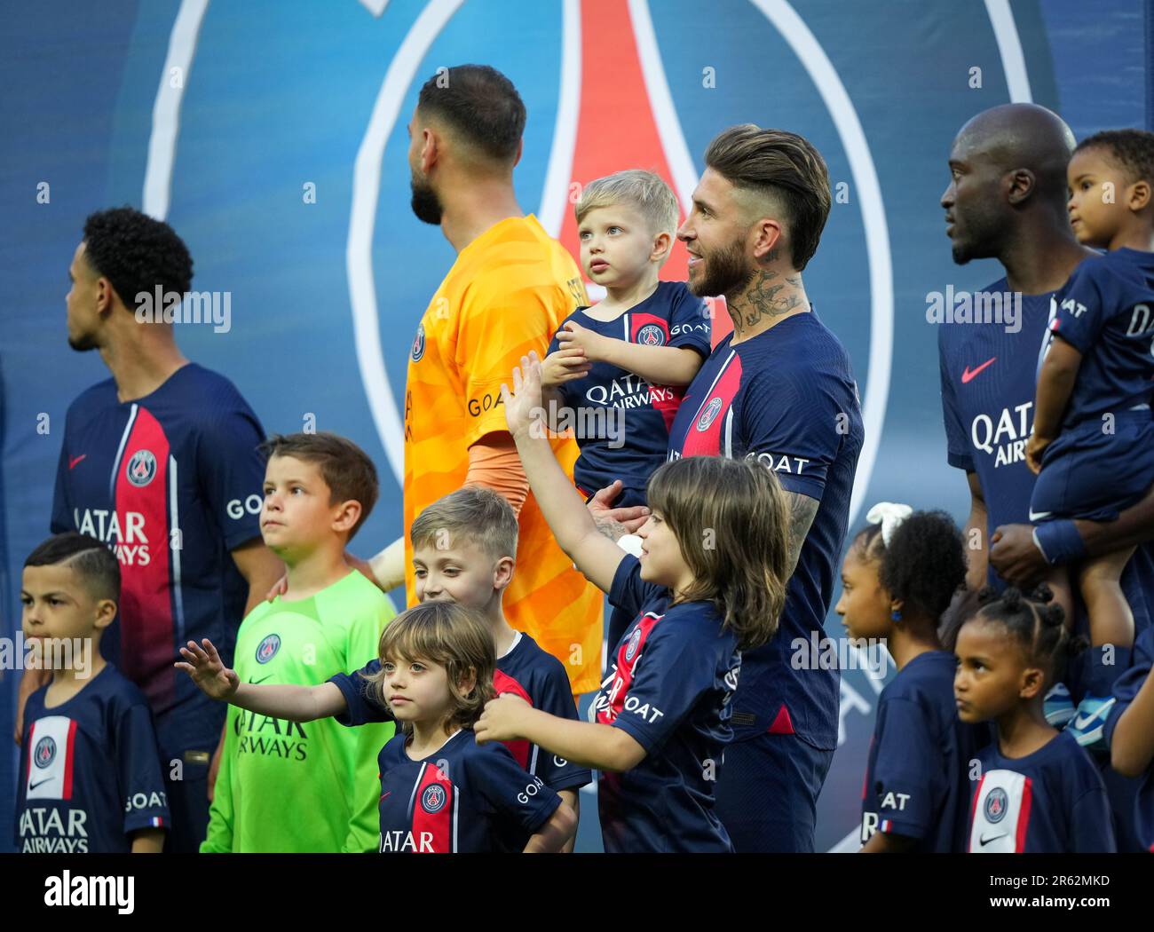 Sergio Ramos of PSG with his children pre match during the Ligue 1 ...
