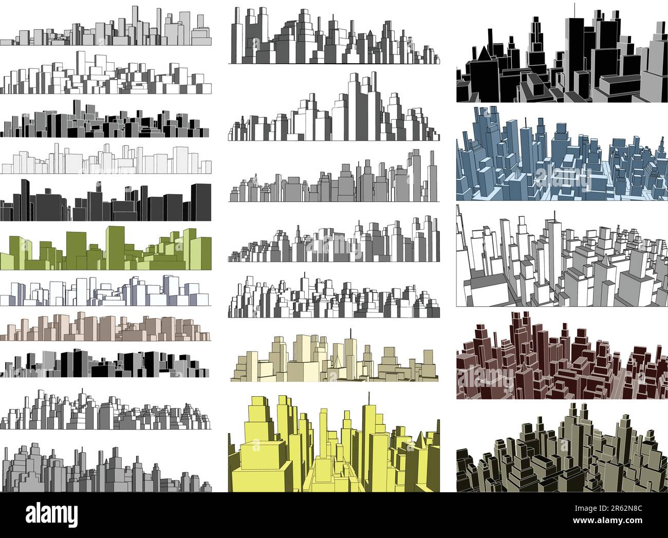 Set of editable vector simple 3-dimensional city skylines Stock Vector ...