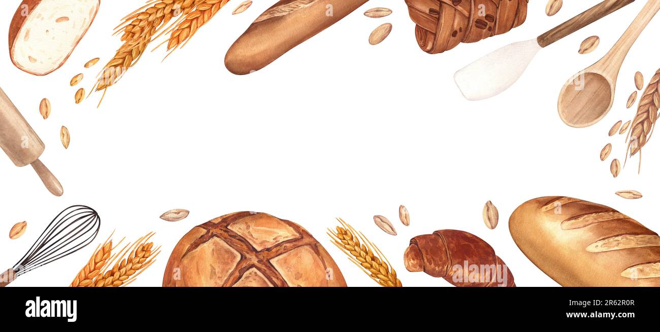 Watercolor bakery frame background. Hand-drawn illustration, isolated ...