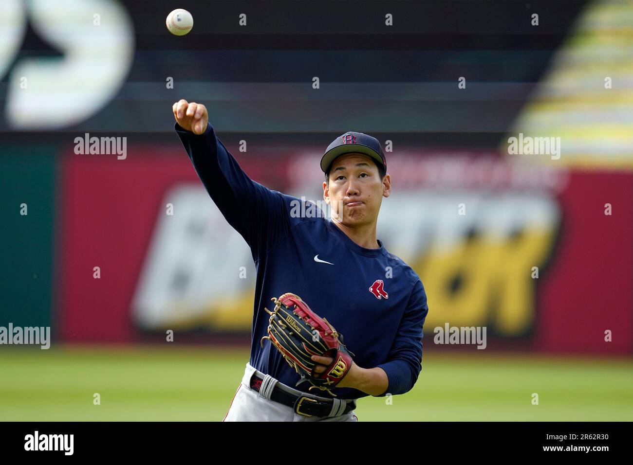Boston Red Sox's Masataka Yoshida warms up during batting practice before a baseball game ...