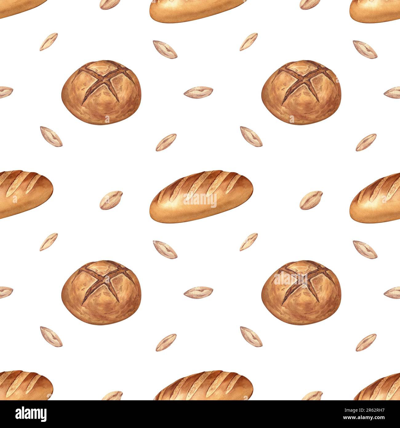 Watercolor seamless pattern background wheat bread, baguette, bun. Hand ...