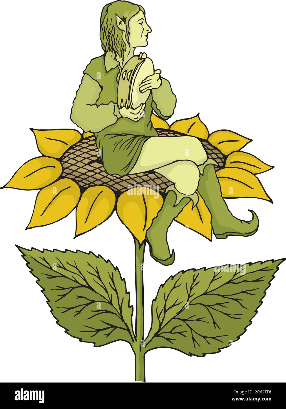 Elf sitting on a sunflower playing tambourine Stock Vector Image & Art ...