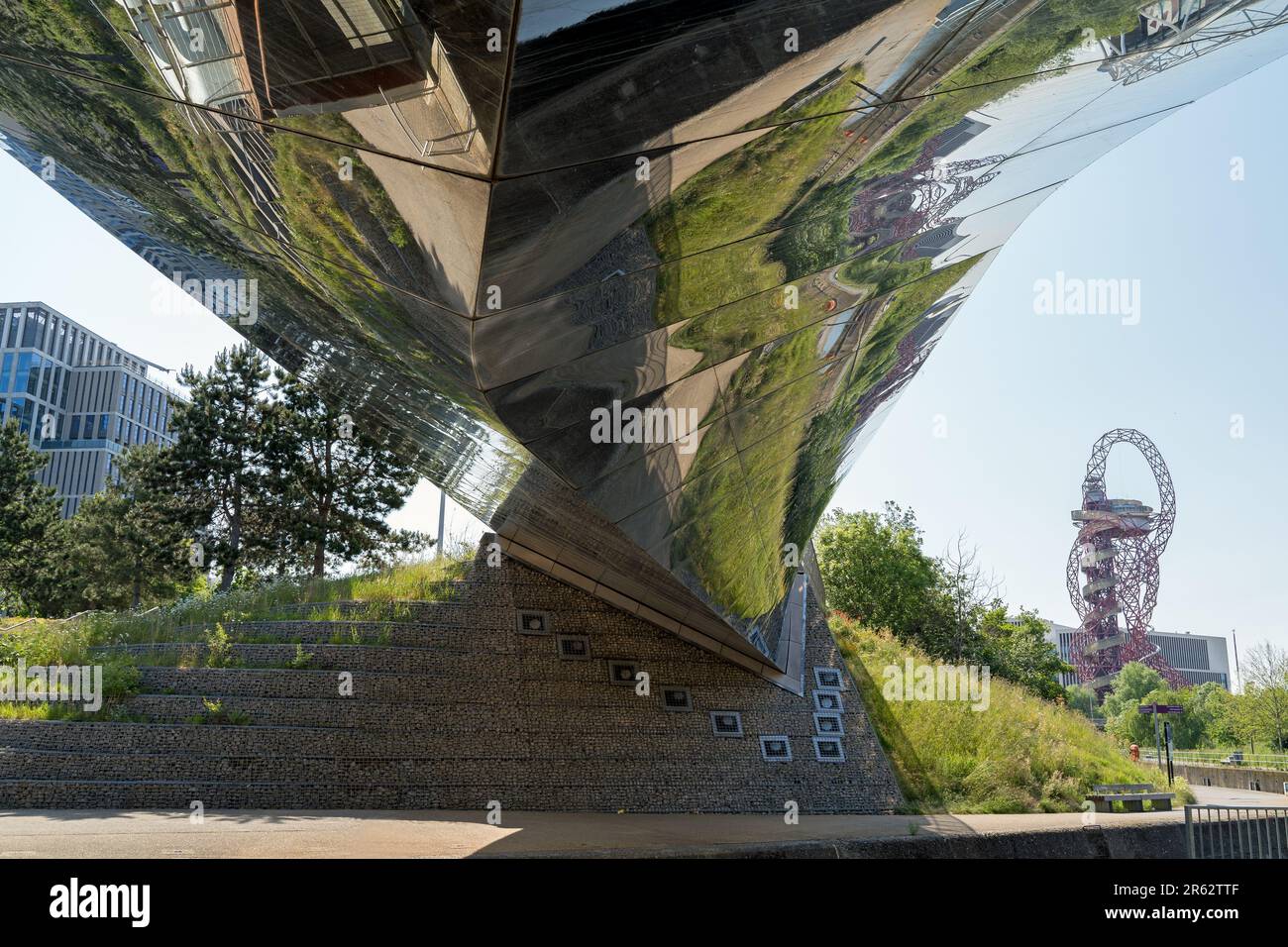 Underneath a reflective bridge on the River Lea in the Olympic Park in ...