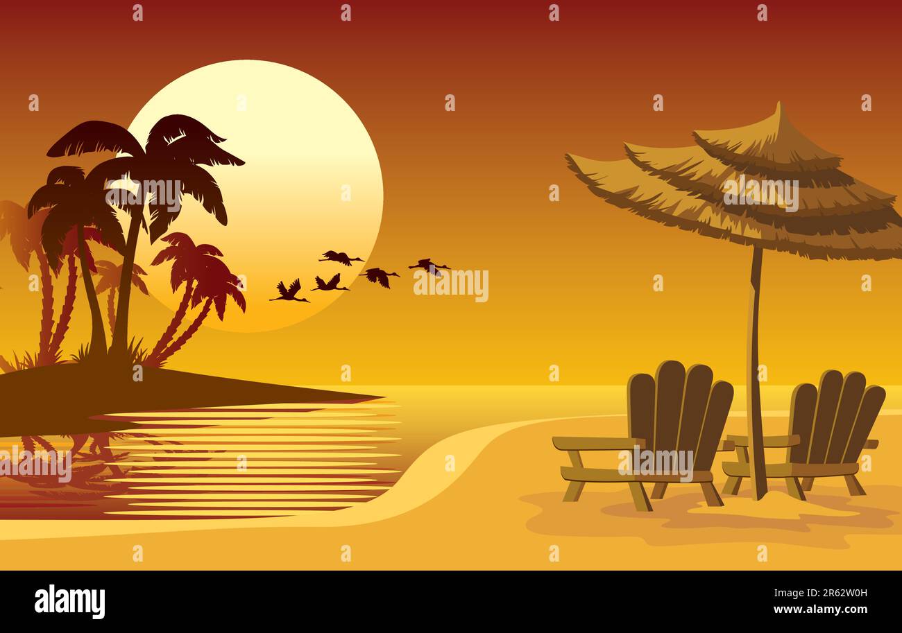 Summer landscape: sunset, beach, chairs and umbrella Stock Vector Image ...