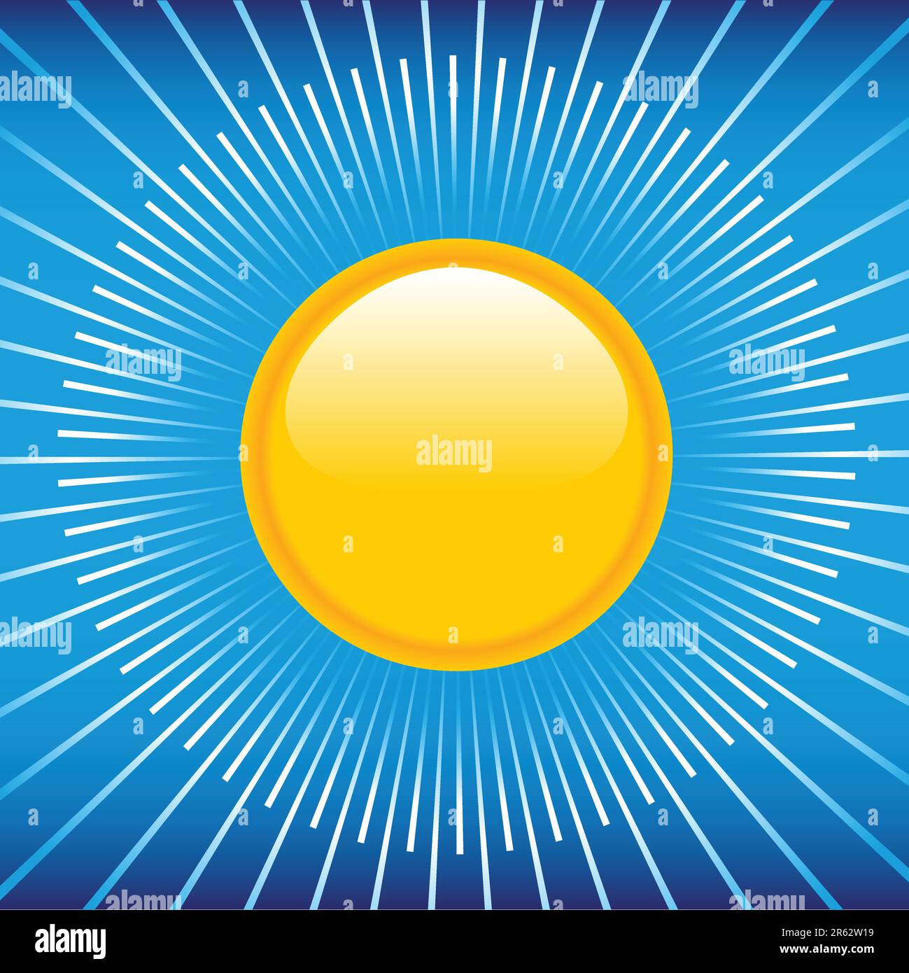 Vector illustration of glossy yellow sun with pulsating rays in a blue ...