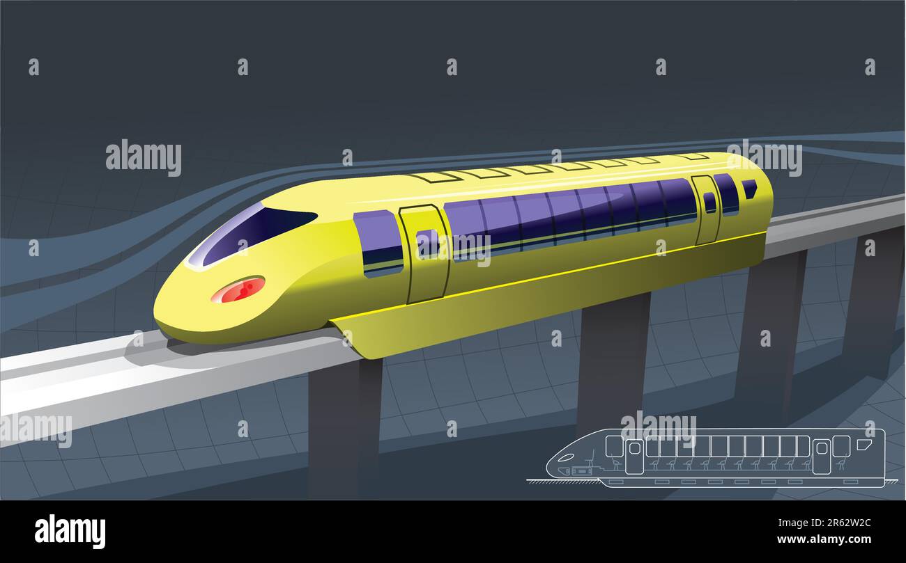 illustration of a train of magnetic suspension. in the lower right ...