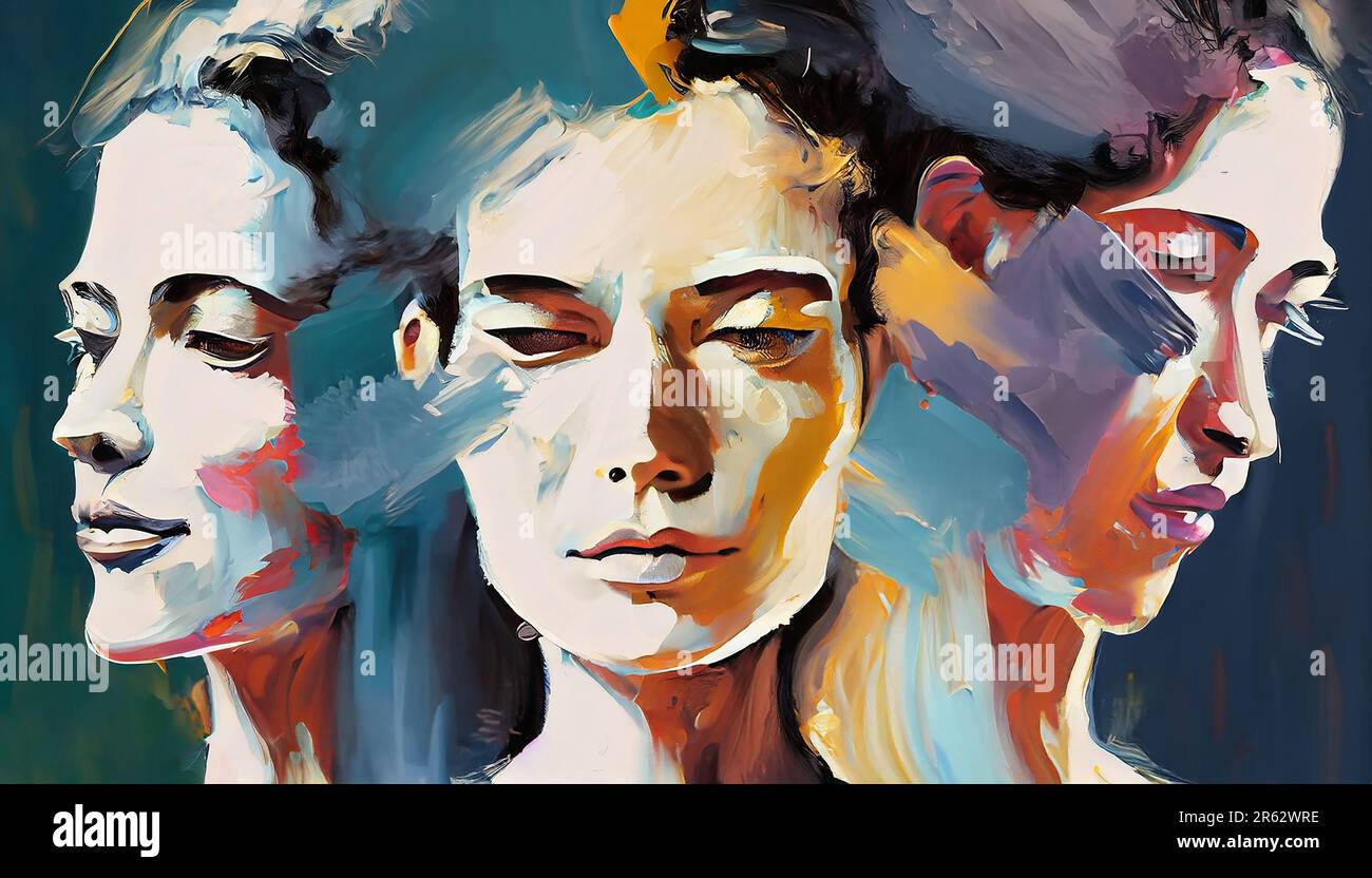 Illustration abstract computer generated image of faces in painterly effect with muted tones ...