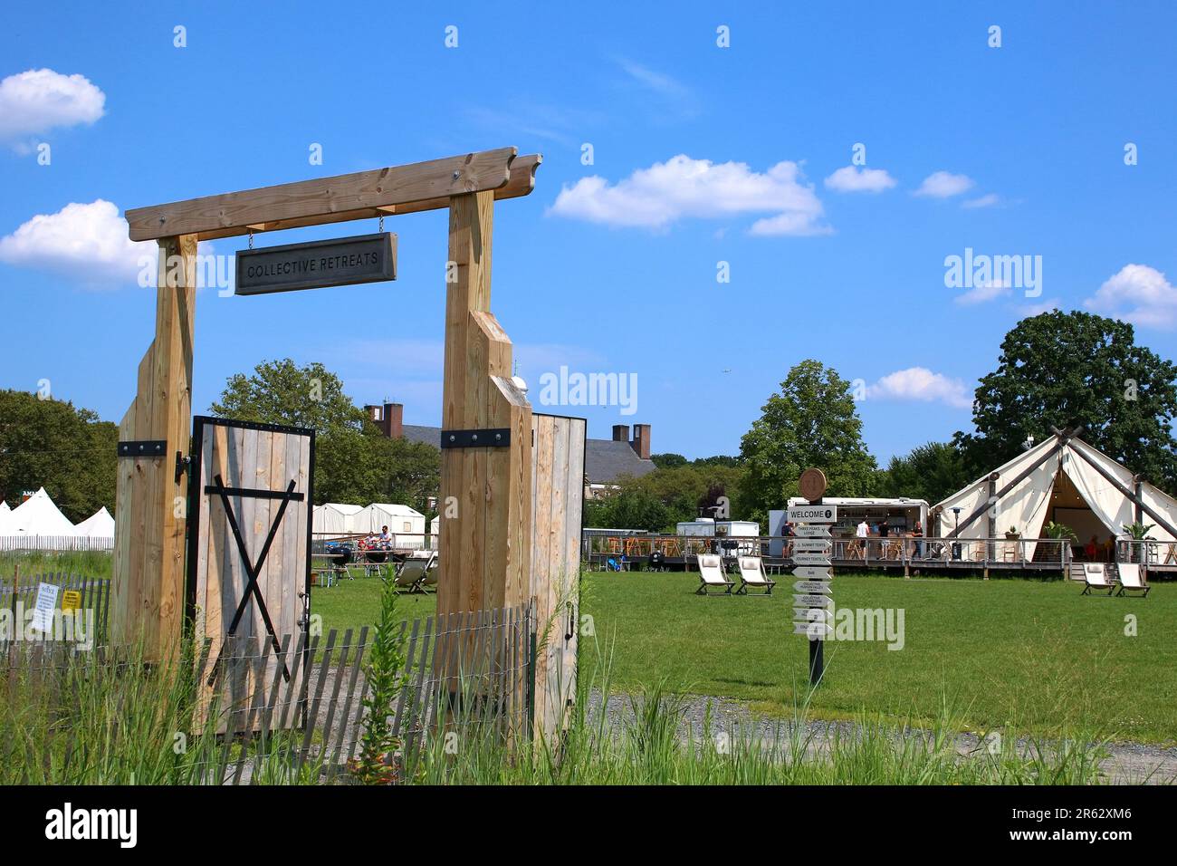 Entrance gate and interior of Collective Retreats' glamping area on ...