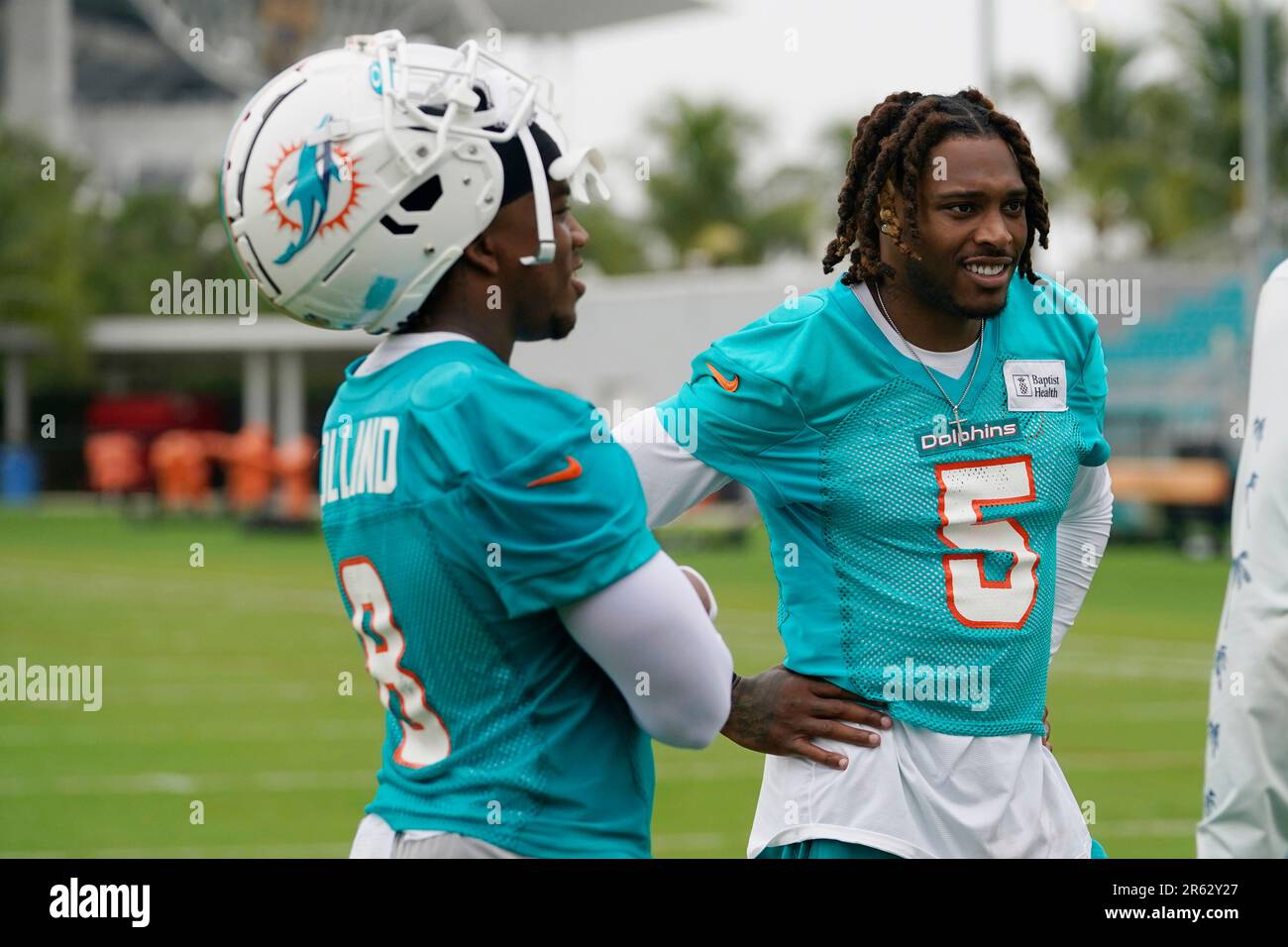Miami Dolphins cornerback Jalen Ramsey (5) and safety Jevon Holland (8 ...