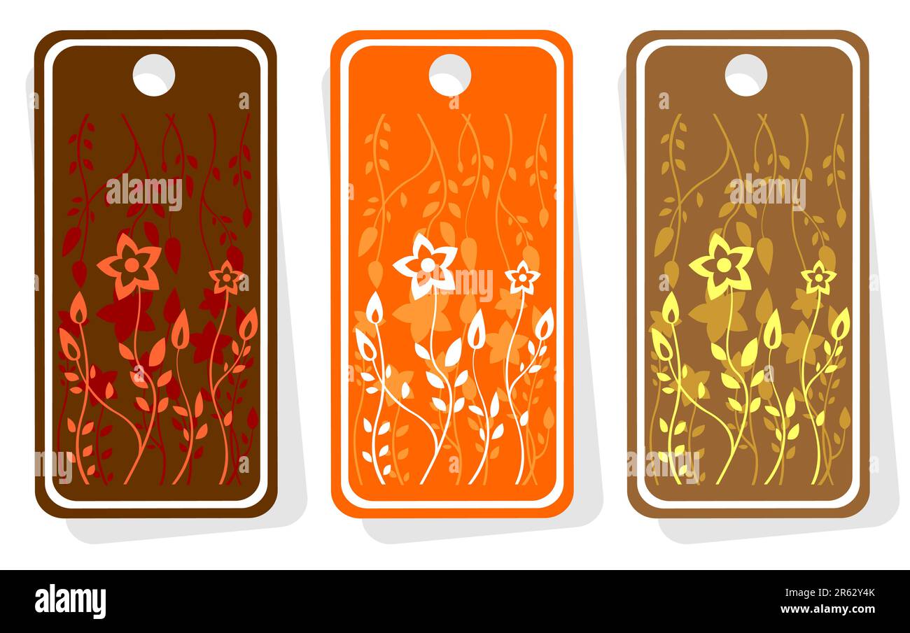 Three ornate price tags with plants isolated on a white background ...