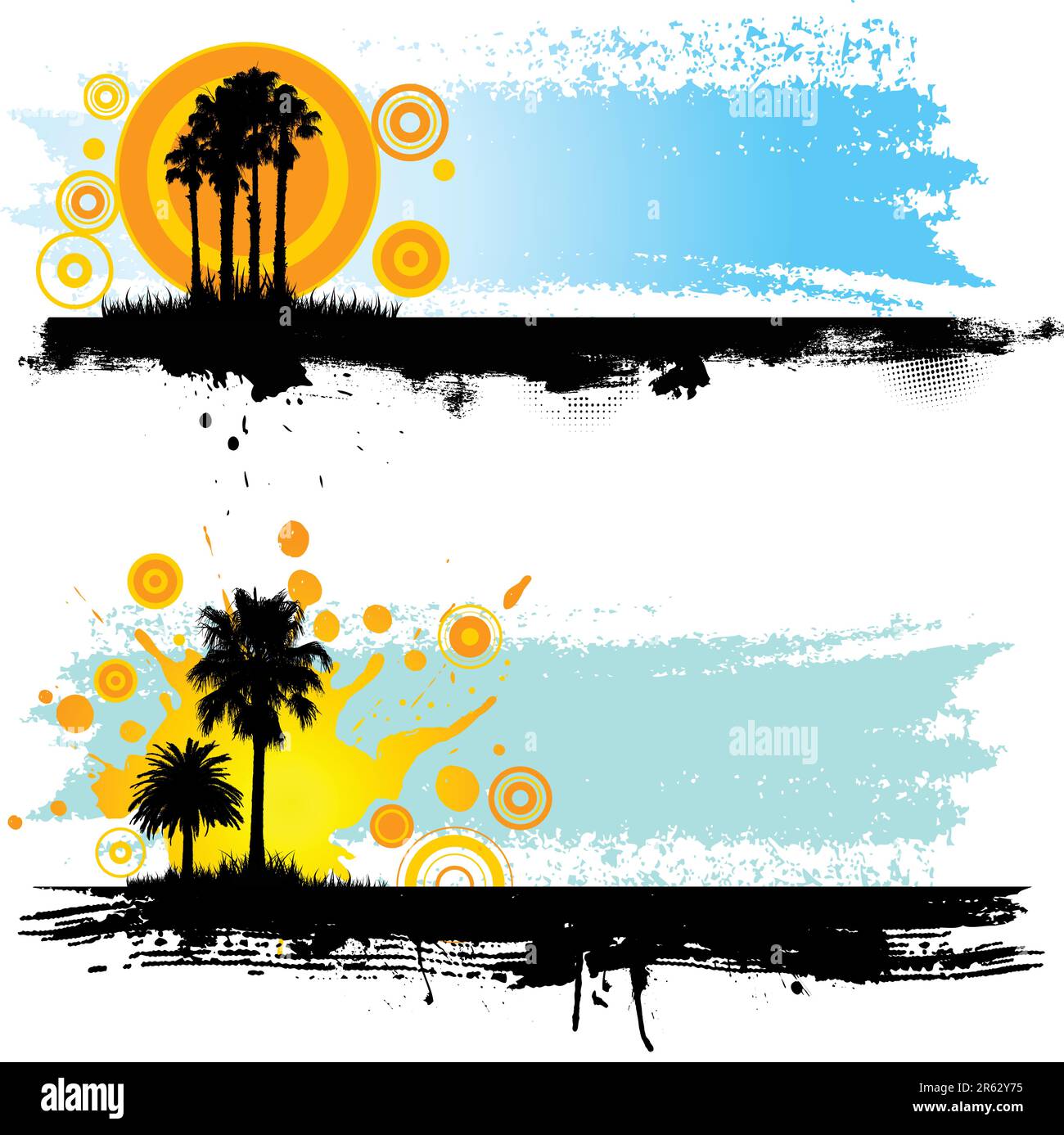 Summer grunge themed backgrounds with palm tree silhouettes Stock ...