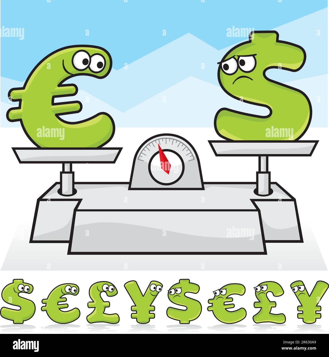 Euro and Dollar cartoon symbols on scale. Additional Pound and Yen ...