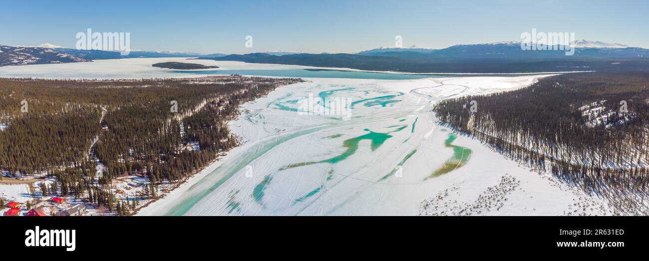 Aerial, drone view along the Alaska Highway during spring time with ...