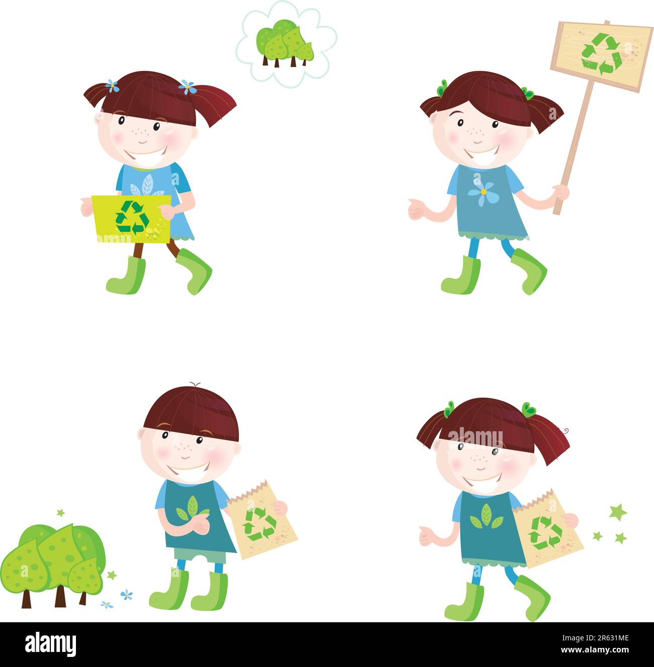 Four cute children with recycle symbols. Vector cartoon illustration ...