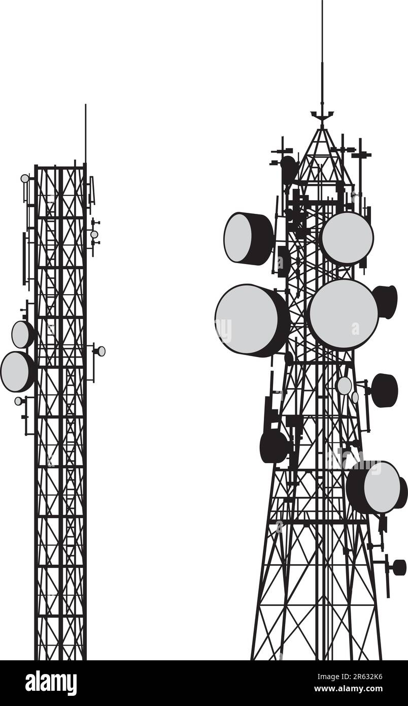 Vector silhouettes of two communication towers isolated on white Stock ...