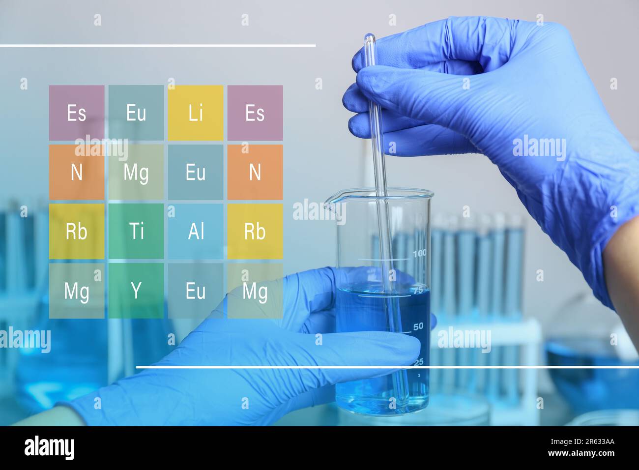 Laboratory worker stirring liquid with glass rod indoors and chemical ...