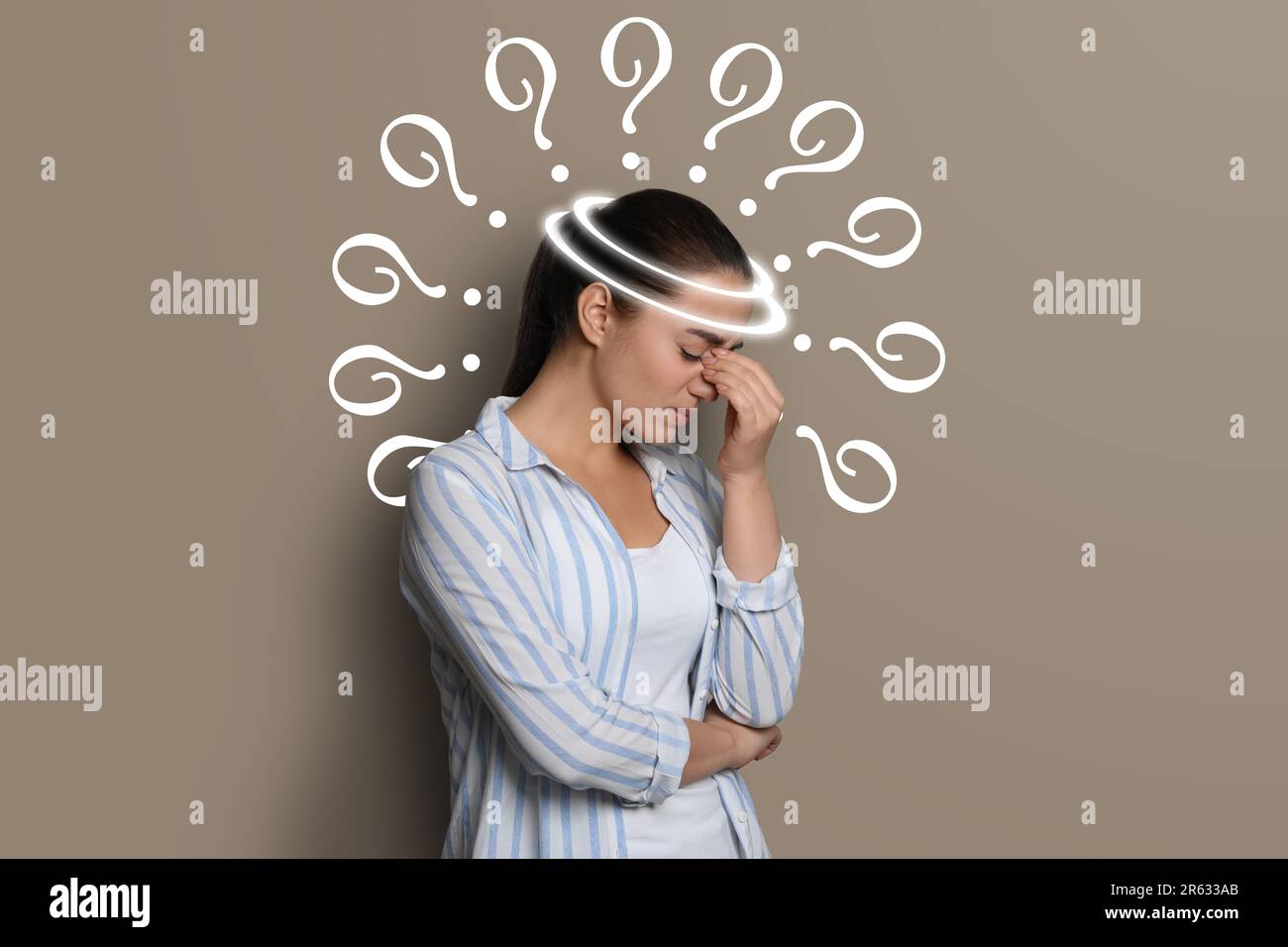 Amnesia Concept Woman Surrounded By Question Marks Trying To Remember