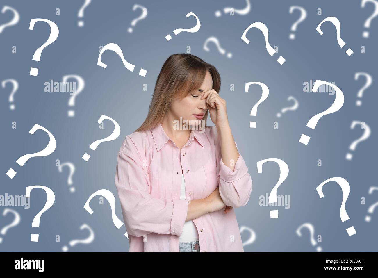 Amnesia Concept Woman Surrounded By Question Marks Trying To Remember
