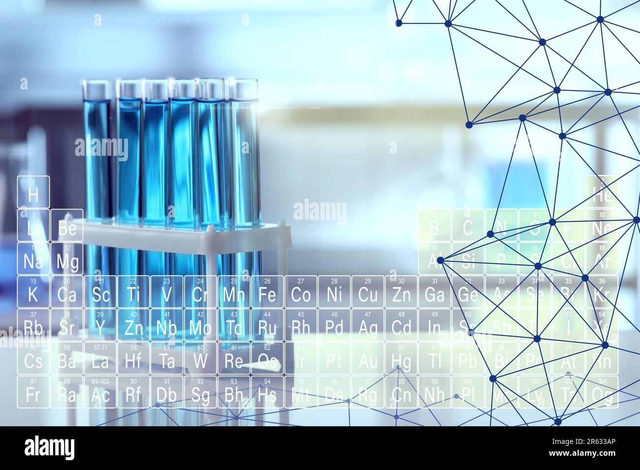 Studying chemistry. Periodic table and test tubes, double exposure ...