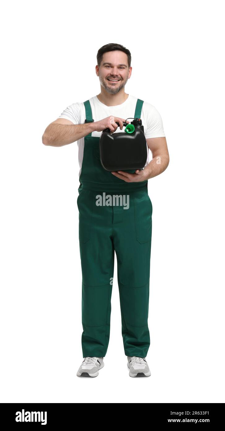 Man holding black canister on white background Stock Photo - Alamy