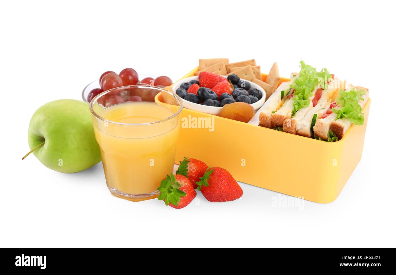 Lunch box of tasty healthy food and glass with juice isolated on white ...