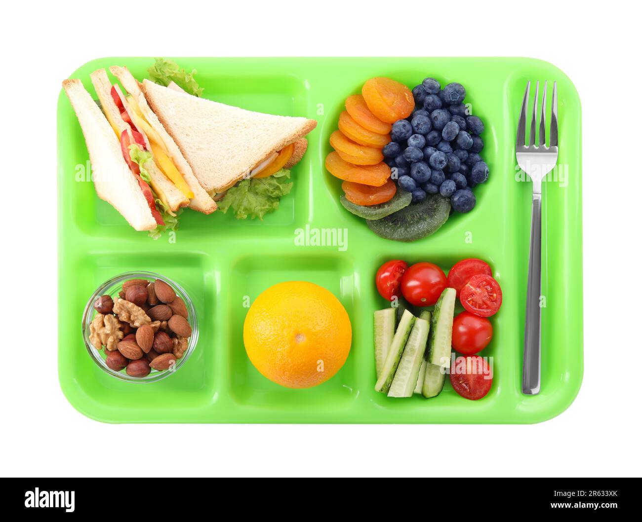 Serving tray with tasty healthy food isolated on white, top view. School dinner Stock Photo - Alamy