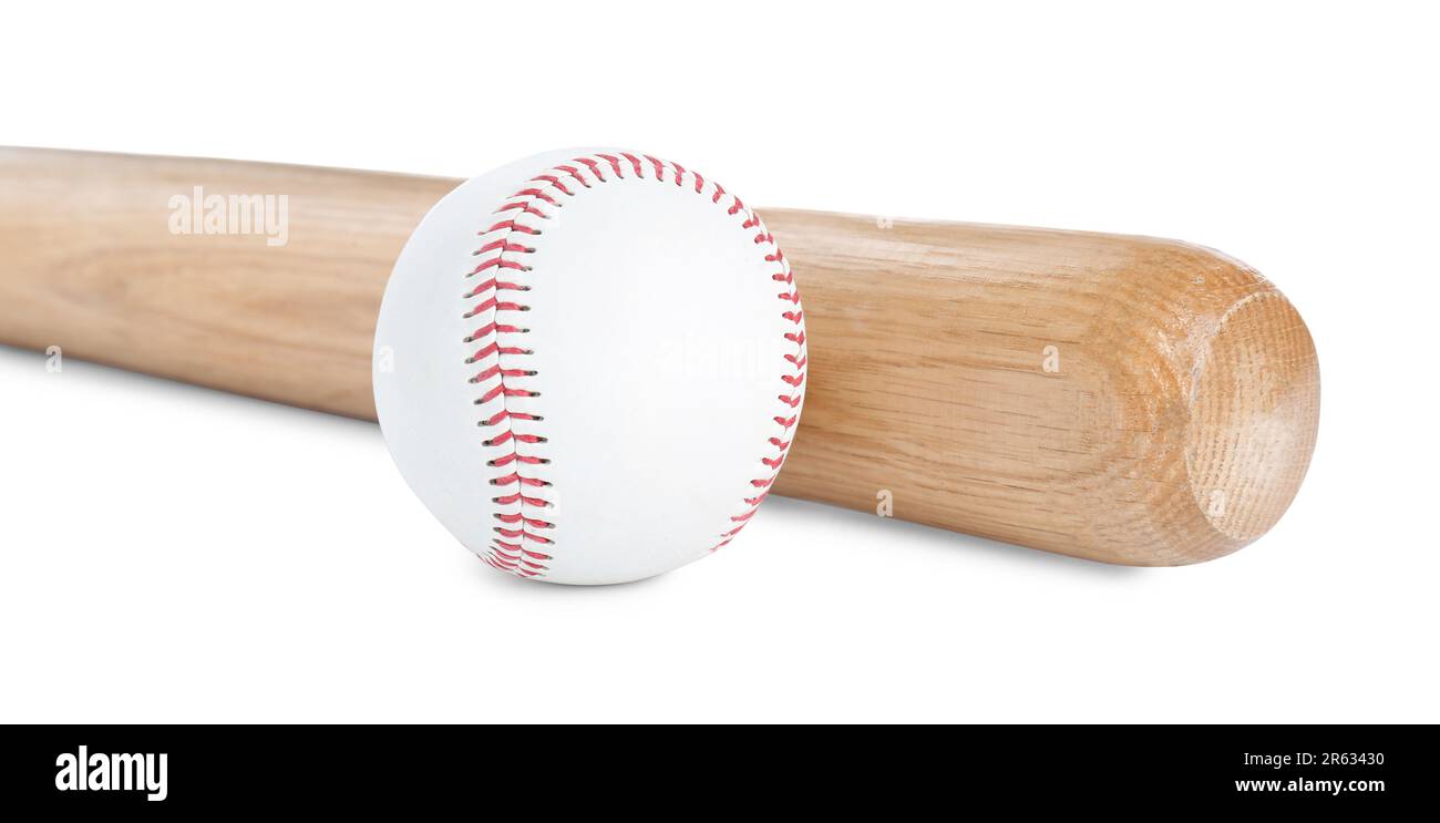 Wooden baseball bat and ball on white background. Sports equipment ...