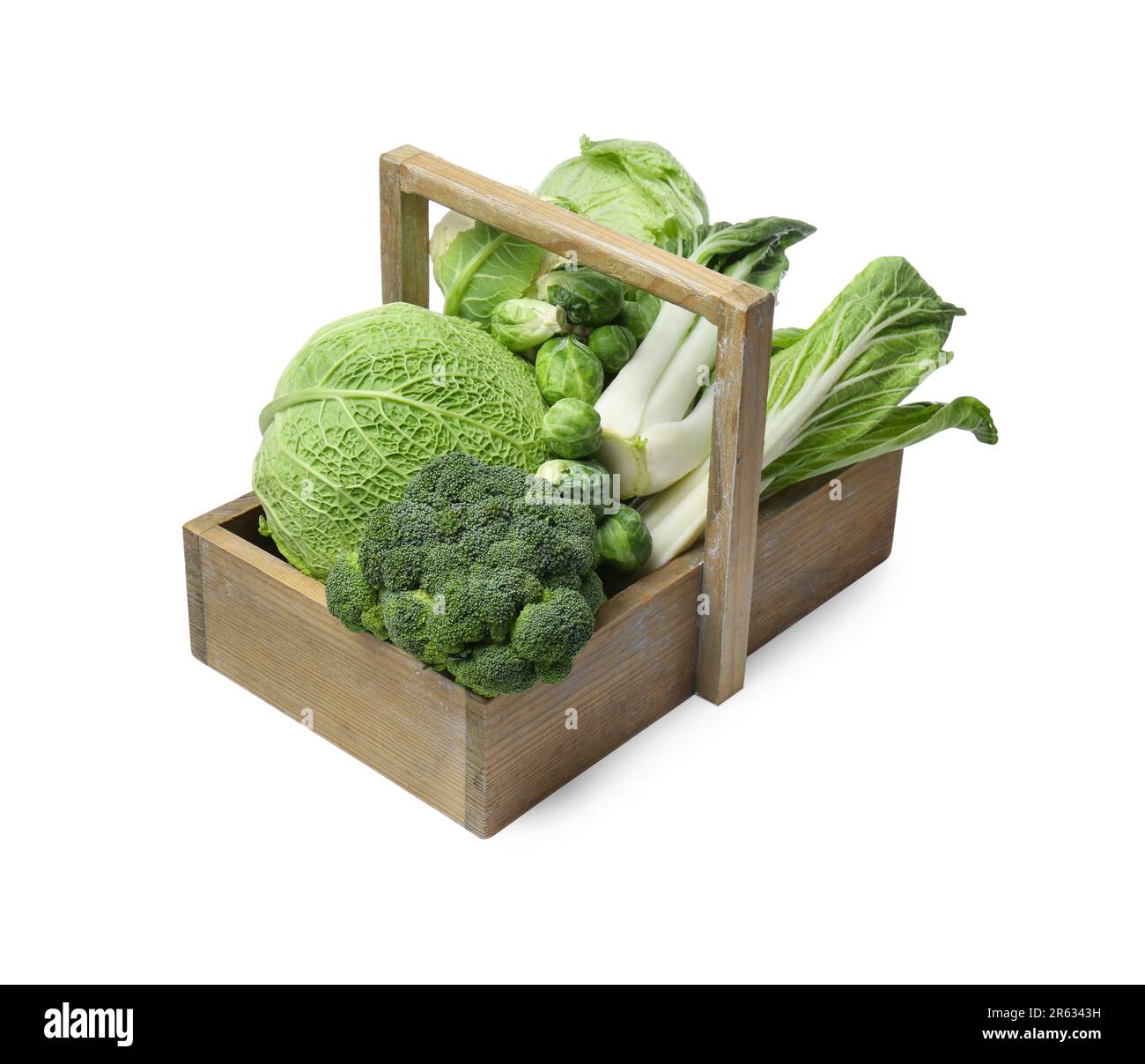 Wooden crate with different types of fresh cabbage on white background ...