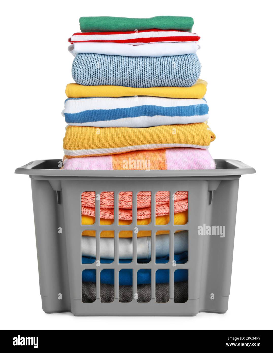 Plastic laundry basket with clean clothes isolated on white Stock Photo ...