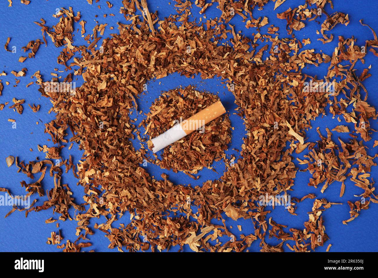 Cigarette with prohibition sign made of dry tobacco on blue background ...