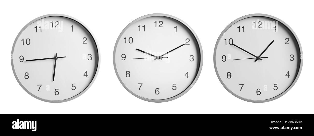 Stylish clock showing different time on white background, collage ...