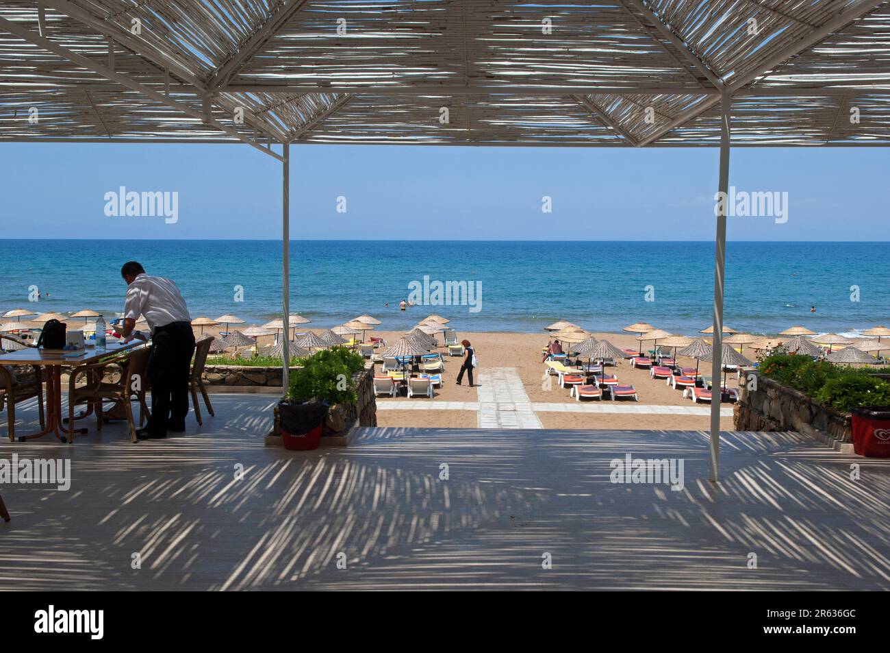 Outdoor restaurant overlooking the Mediterranean Sea on the Island of ...